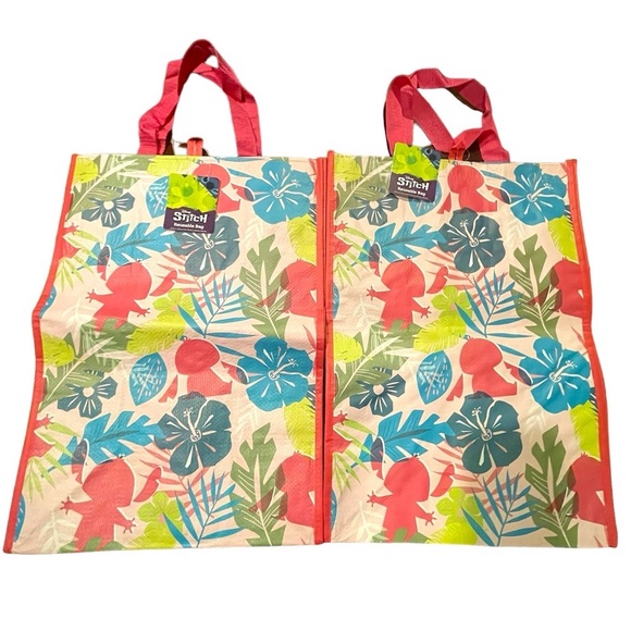 Disney | Bags | 2disney Stitch Tropical Reusable Shopping Bag With Pink ...